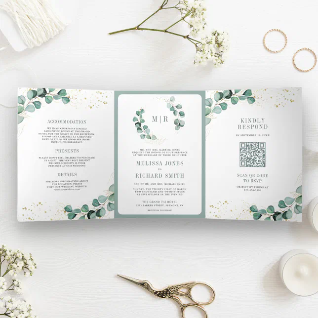 Rustic Greenery Gold Eucalyptus QR Code Wedding Tri-Fold Invitation ...