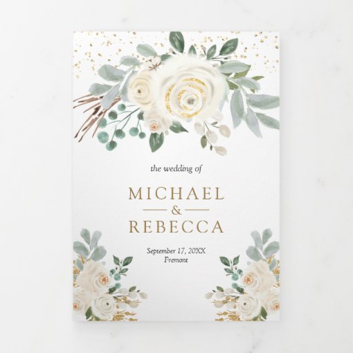 Rustic Greenery Gold Ivory Floral Wedding Tri-Fold Invitation | Zazzle