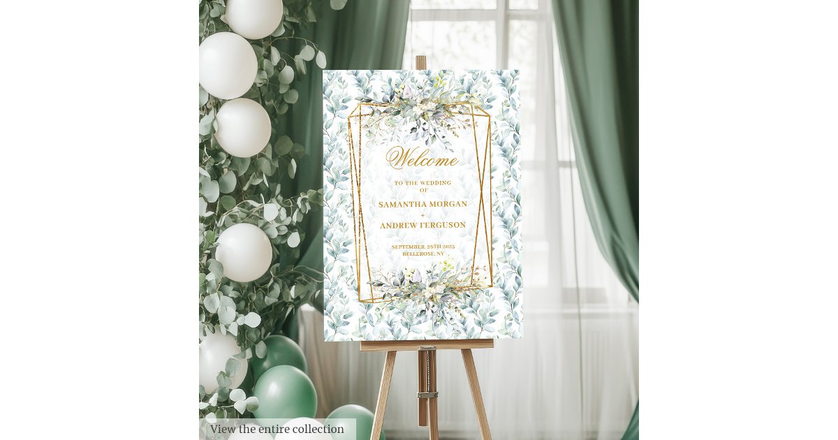 Rustic Greenery Gold Leafy Wedding Welcome Sign | Zazzle