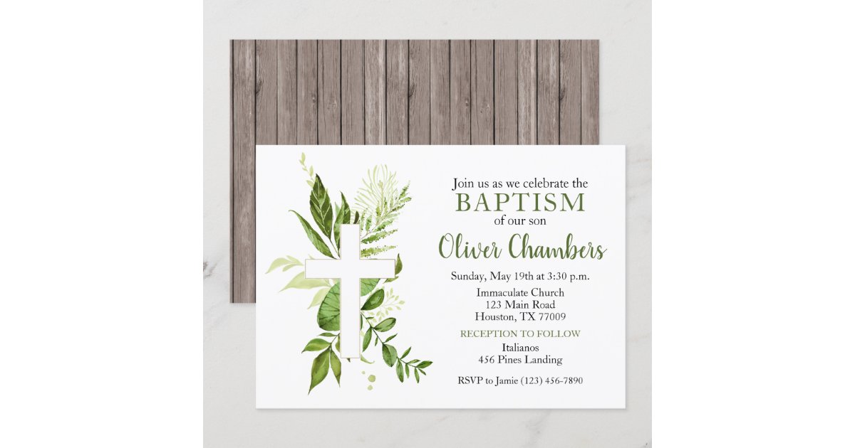 Rustic Greenery Green Cross Boy Baptism Invitation | Zazzle