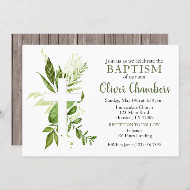 Rustic Greenery Green Cross Boy Baptism Invitation | Zazzle