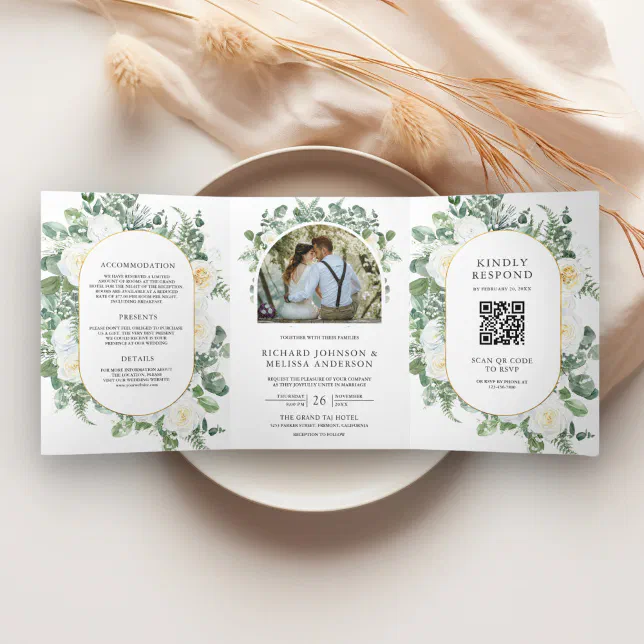 Rustic Greenery Ivory Floral Photo QR Code Wedding Tri-Fold Invitation ...