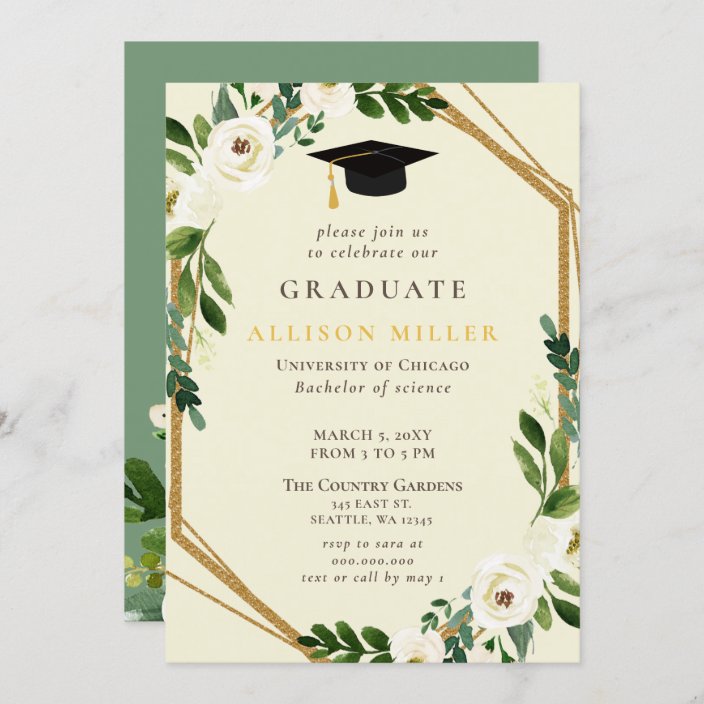 Rustic Greenery Ivory Gold Floral Graduation Invitation | Zazzle.com