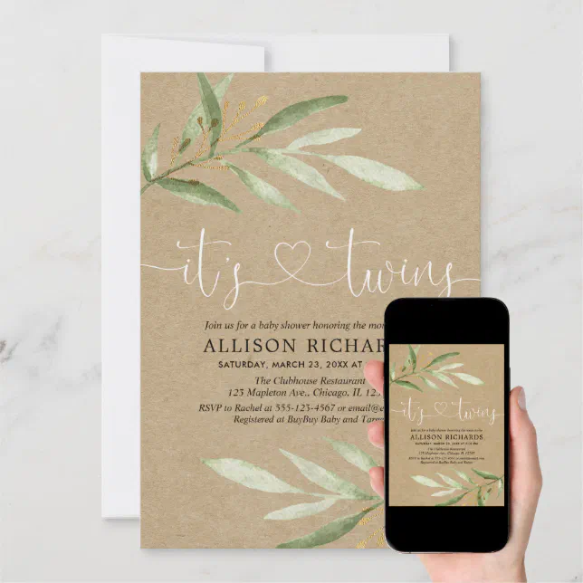 Rustic greenery kraft twins gender neutral invitation | Zazzle