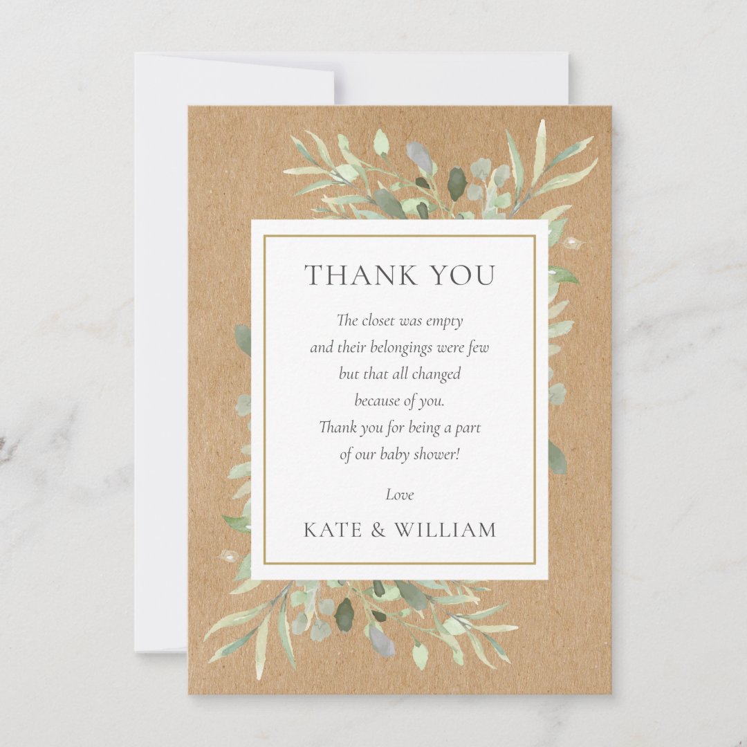 Rustic Greenery Leaves Baby Shower Poem Thank You Card | Zazzle