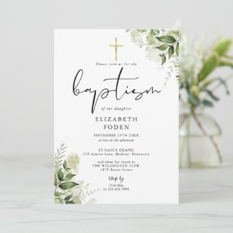 Rustic Greenery Leaves Elegant Monogram Baptism Invitation | Zazzle