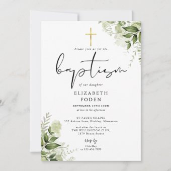 Rustic Greenery Leaves Elegant Monogram Baptism Invitation | Zazzle