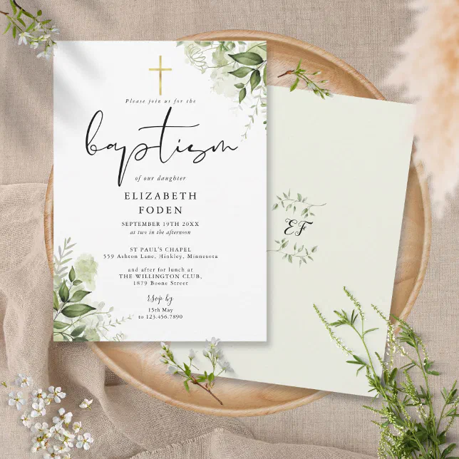 Rustic Greenery Leaves Elegant Monogram Baptism Invitation | Zazzle