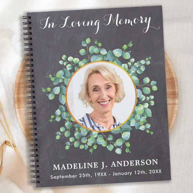 Rustic Greenery Memorial Photo Funeral Guestbook Notebook | Zazzle
