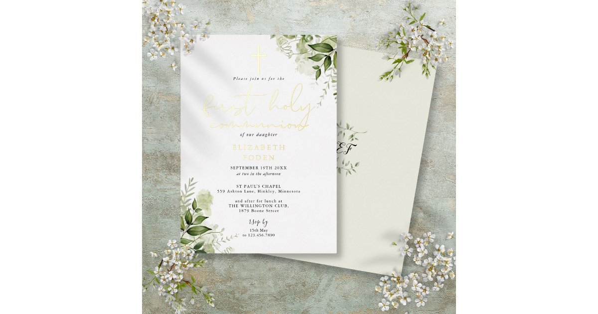 Rustic Greenery Monogram First Holy Communion Foil Invitation | Zazzle