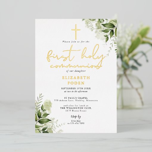 Rustic Greenery Monogram First Holy Communion Foil Invitation | Zazzle