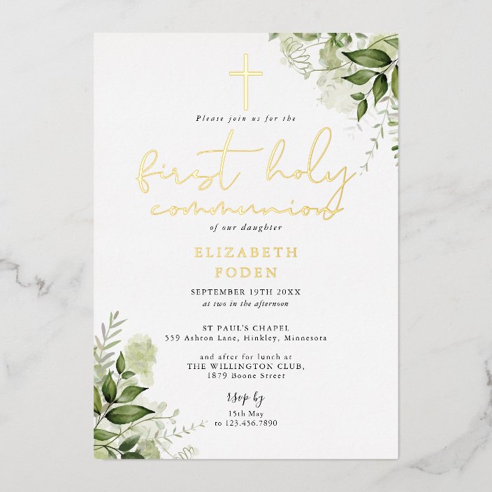 Rustic Greenery Monogram First Holy Communion Foil Invitation | Zazzle