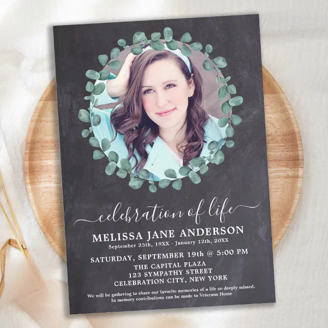 Rustic Greenery Photo Slate Celebration Of Life Invitation | Zazzle