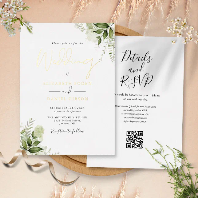 Rustic Greenery QR Code Elegant Wedding Gold Foil Invitation | Zazzle