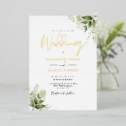 Rustic Greenery QR Code Elegant Wedding Gold Foil Invitation | Zazzle