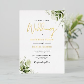 Rustic Greenery QR Code Elegant Wedding Gold Foil Invitation | Zazzle