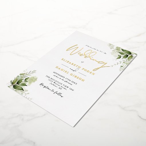 Rustic Greenery QR Code Elegant Wedding Gold Foil Invitation | Zazzle