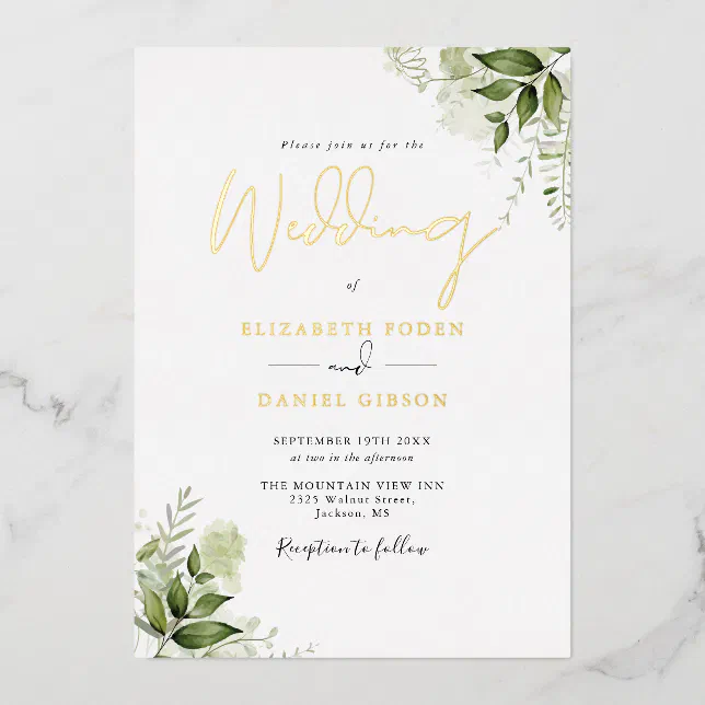 Rustic Greenery QR Code Elegant Wedding Gold Foil Invitation | Zazzle