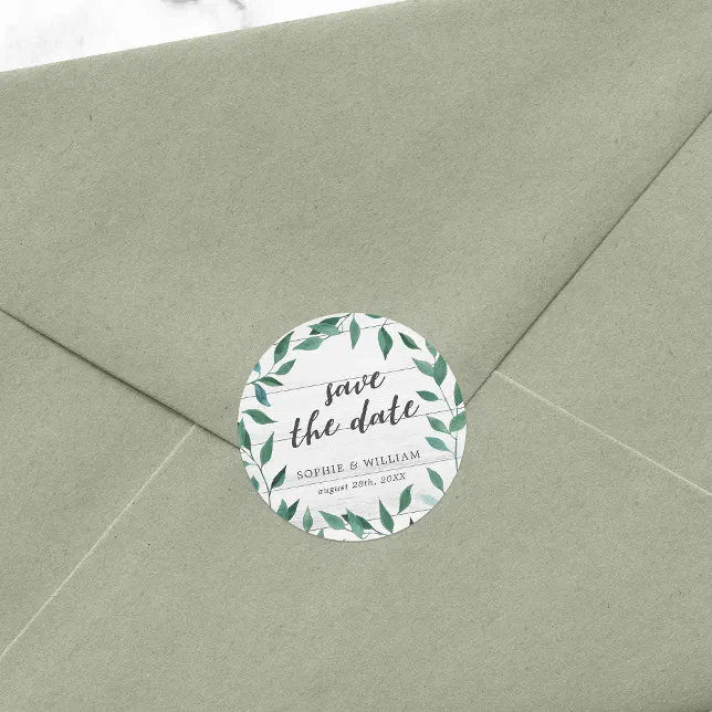 Rustic Greenery Save the Date Classic Round Sticker | Zazzle