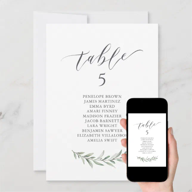 Rustic greenery script table number seating chart | Zazzle