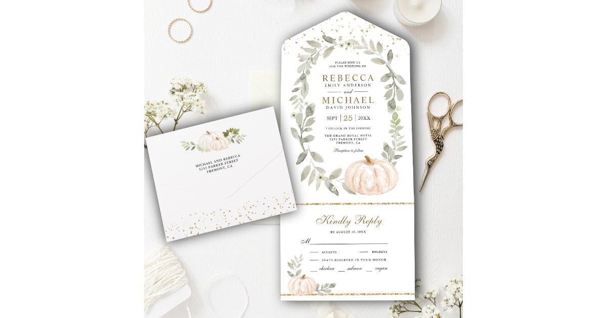 Rustic Greenery White Pumpkin Fall Wedding All In One Invitation | Zazzle