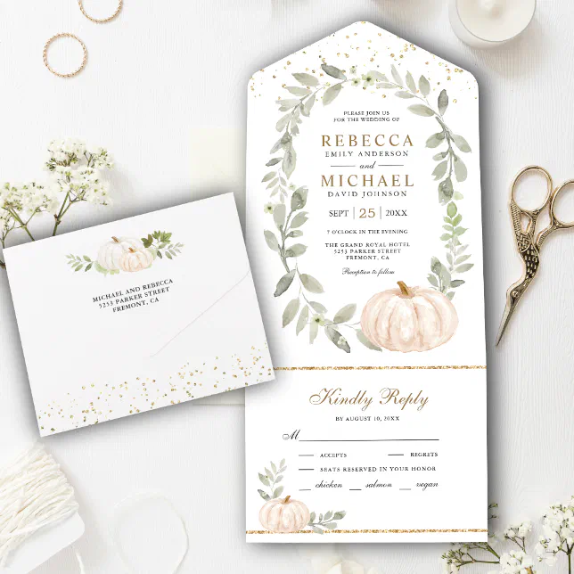 Rustic Greenery White Pumpkin Fall Wedding All In One Invitation | Zazzle