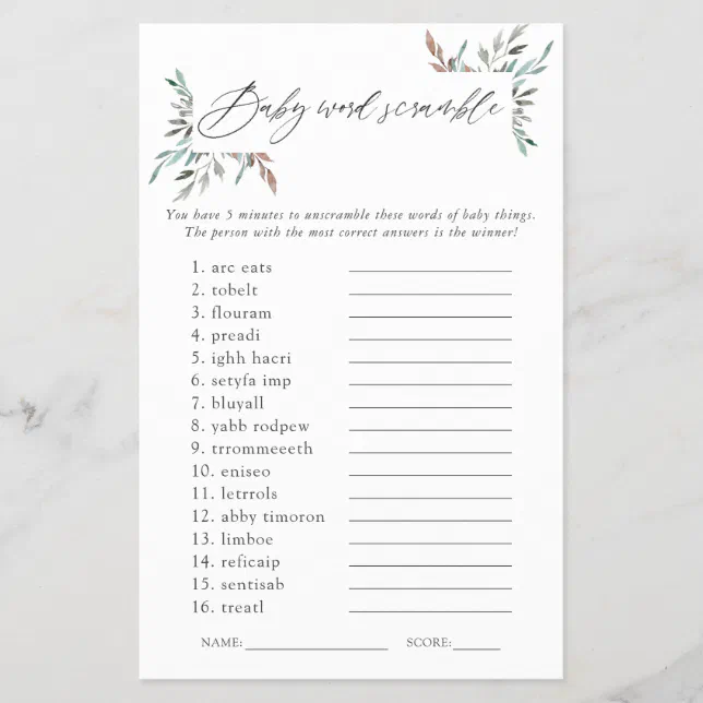Rustic Greenery Winter Baby Shower Word Scramble | Zazzle