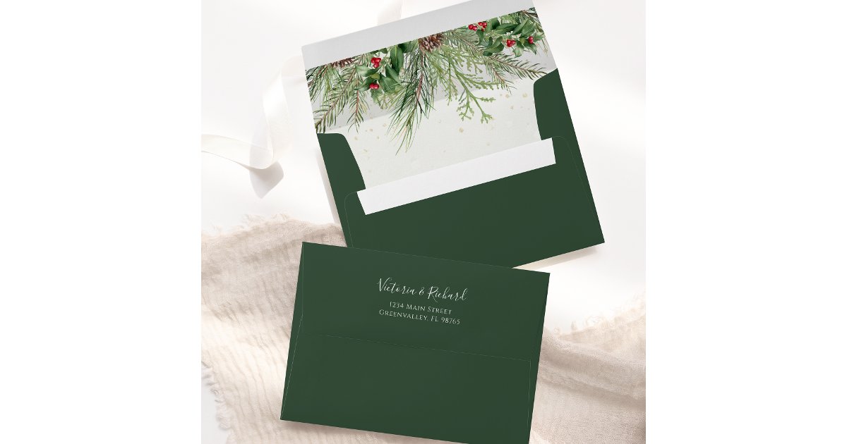 Rustic Greenery Winter Berries Pine Cone Envelope | Zazzle