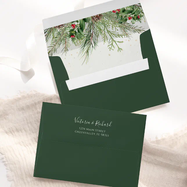 Rustic Greenery Winter Berries Pine Cone Envelope | Zazzle