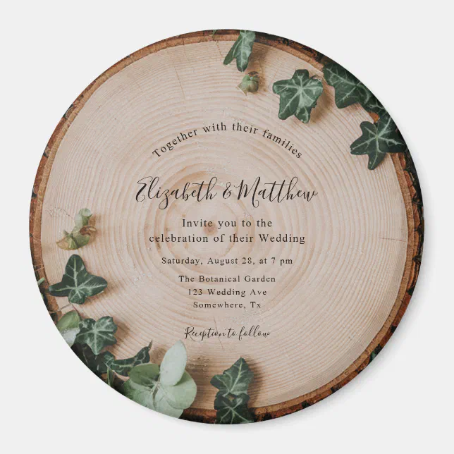 Rustic Greenery & Wood Slice Wedding Celebration Magnet | Zazzle