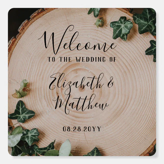 Rustic Greenery & Wood Slice Wedding Welcome Sign | Zazzle