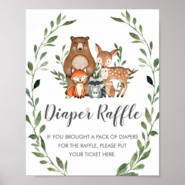 Rustic Greenery Woodland Animals Diaper Raffle Poster | Zazzle