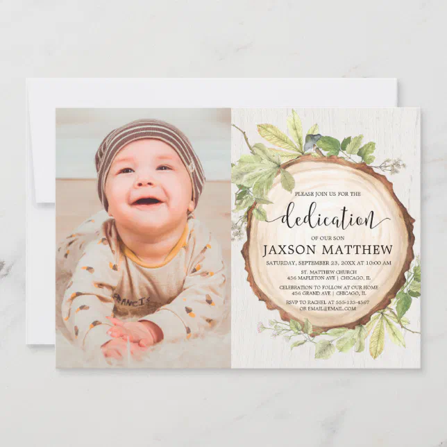 Rustic greenery woodland dedication photo invitation | Zazzle