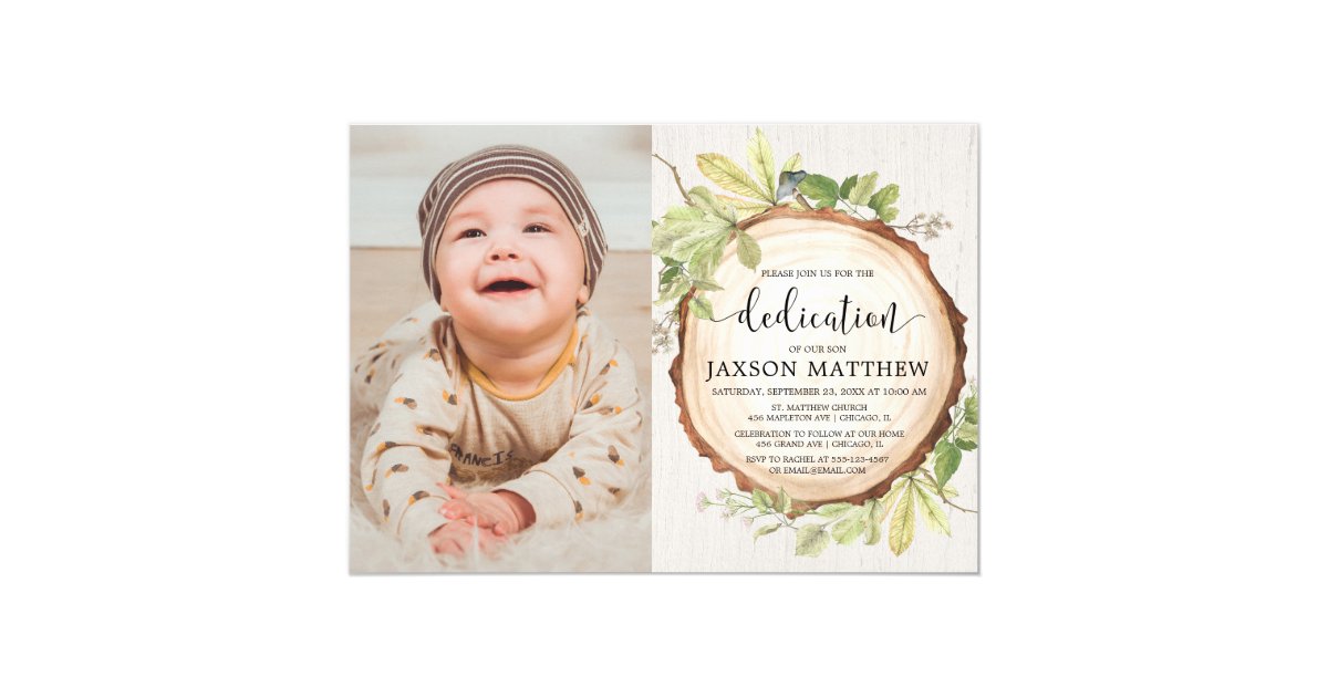 Rustic greenery woodland dedication photo invitation | Zazzle.com