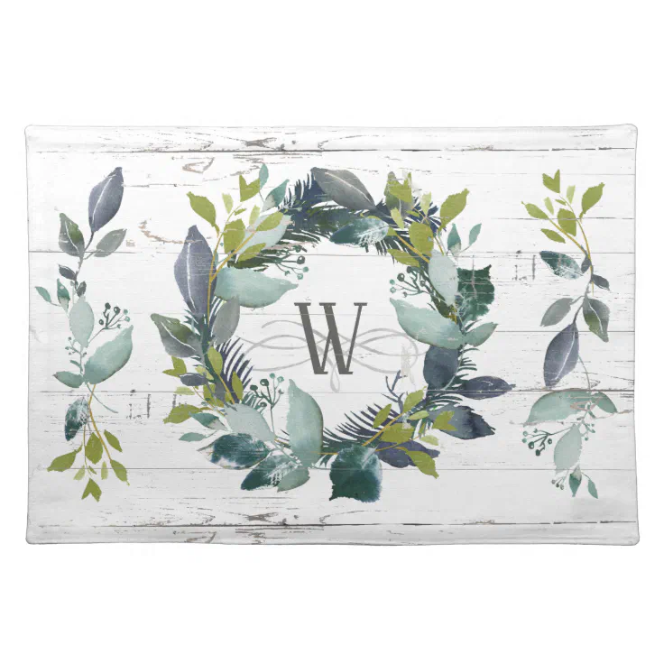Rustic Greenery Wreath Watercolor Monogram Initial Cloth Placemat | Zazzle
