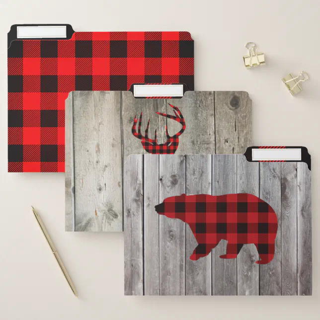 rustic grey barn wood deer bear red buffalo check file folder | Zazzle