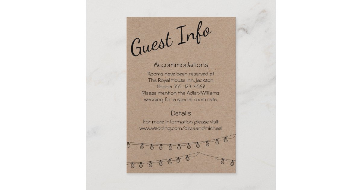 Rustic Guest Information with lights on kraft Enclosure Card | Zazzle