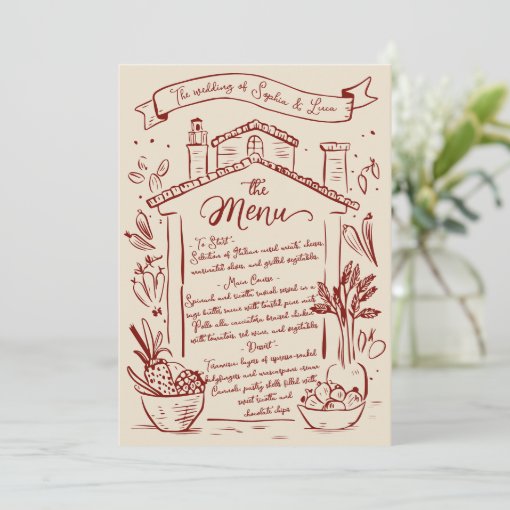 Rustic Hand Drawn Italian Wedding Menu Red Cream | Zazzle