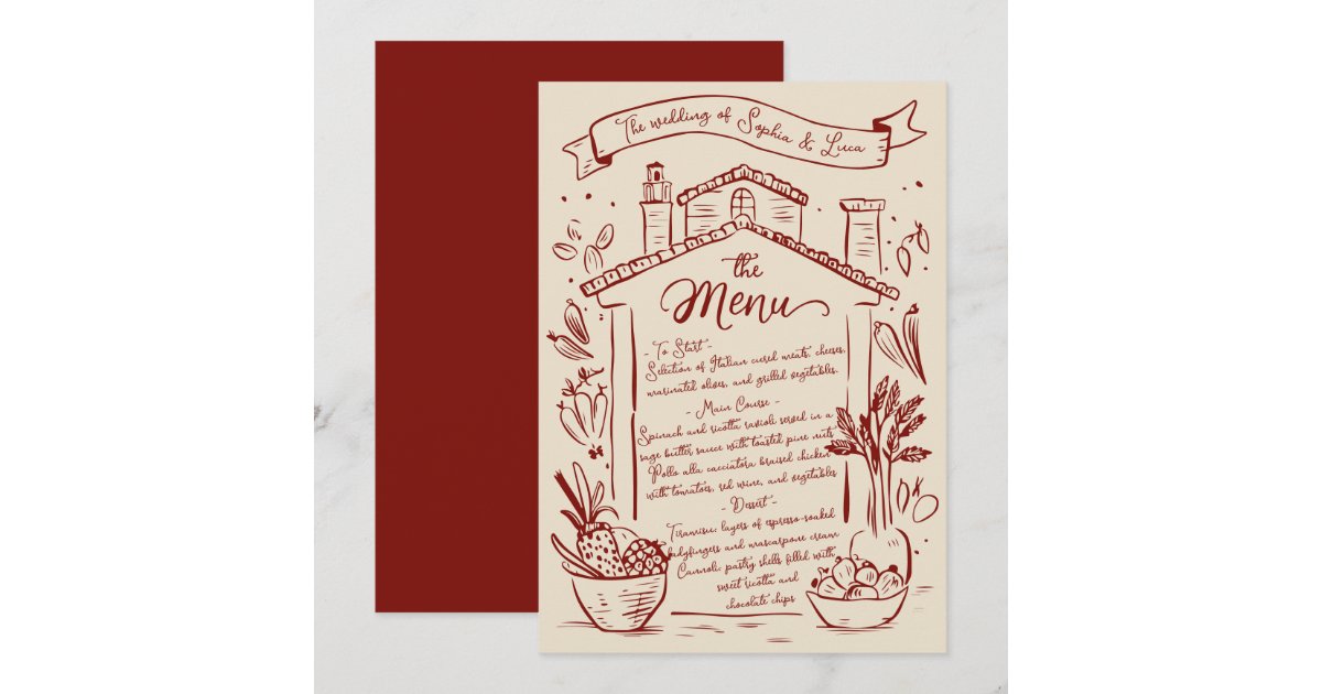 Rustic Hand Drawn Italian Wedding Menu Red Cream | Zazzle
