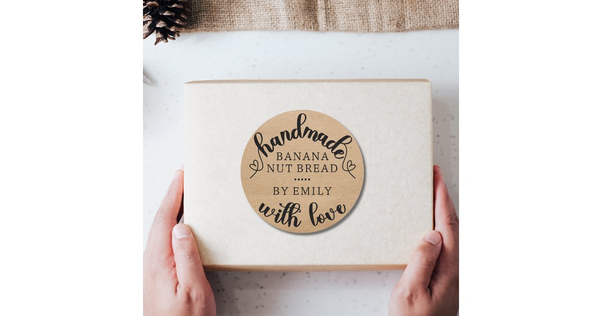 Rustic Handmade with Love Script Heart Kraft paper Classic Round ...