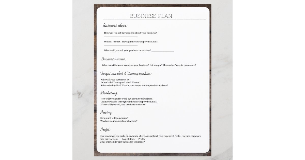 Rustic Handwriting Business Plan Sheet Page | Zazzle