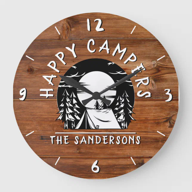 Rustic Happy Campers Tent Family Name Wood Design Large Clock | Zazzle