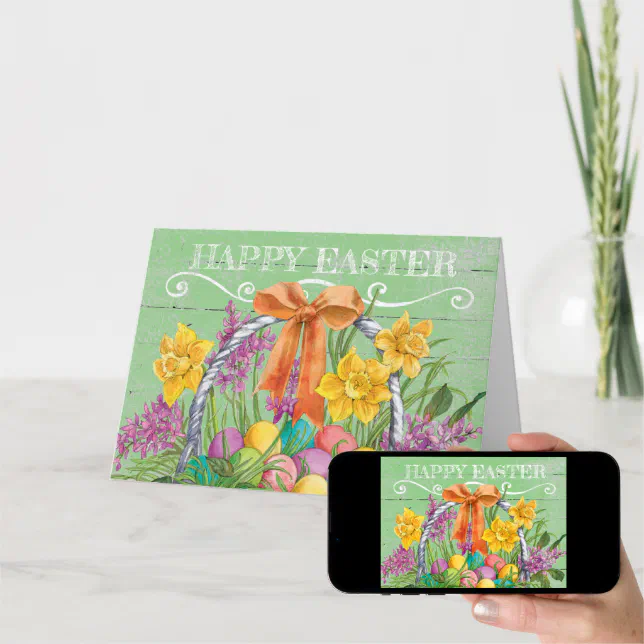 Rustic Happy Easter Floral Basket with Eggs Holiday Card | Zazzle
