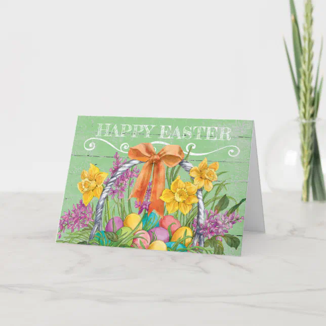 Rustic Happy Easter Floral Basket with Eggs Holiday Card | Zazzle