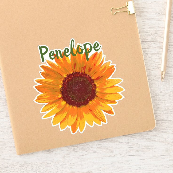 Rustic Happy Sunflower with Name Sticker | Zazzle