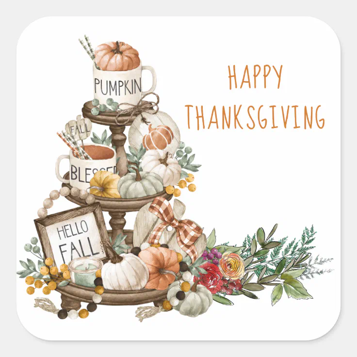 Rustic Happy Thanksgiving Pumpkins Autumn Square Sticker | Zazzle