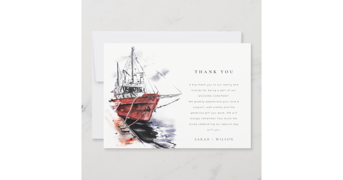 Rustic Harbor Yacht Sailboat Watercolor Wedding Thank You Card | Zazzle