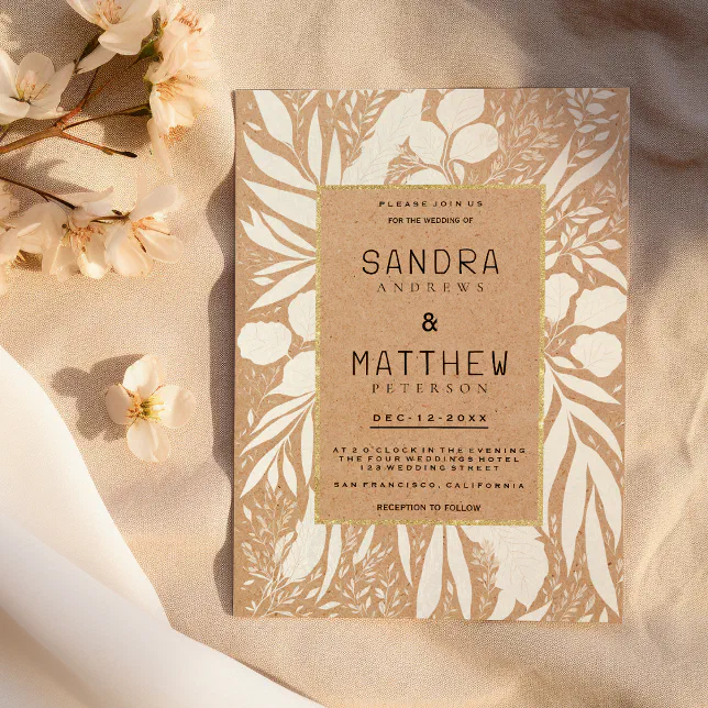 Rustic hard brown paper white gold floral Wedding Invitation | Zazzle