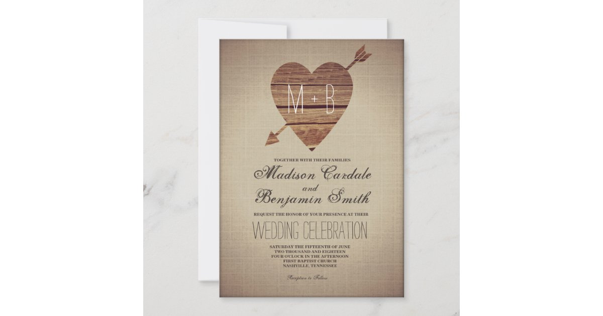 Rustic Heart Arrow Country Wedding Invitations | Zazzle
