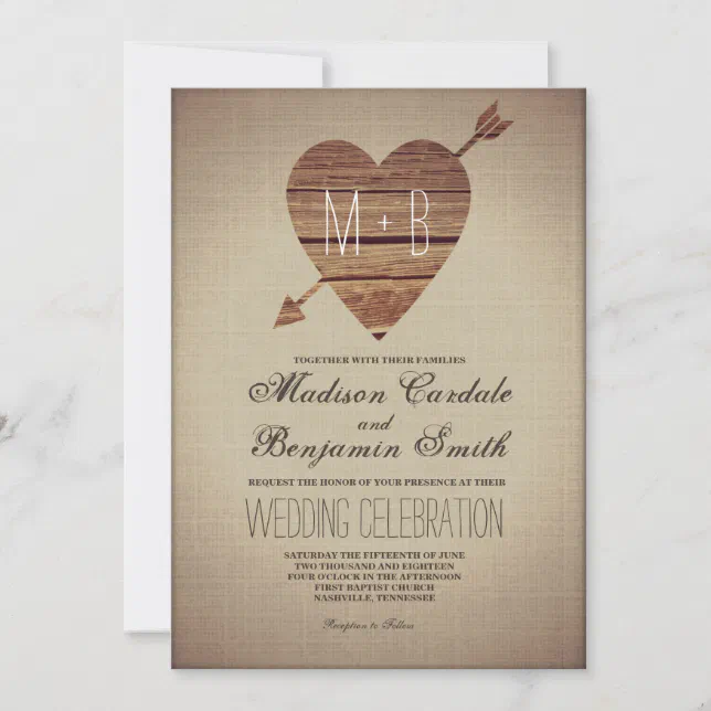 Rustic Heart Arrow Country Wedding Invitations | Zazzle